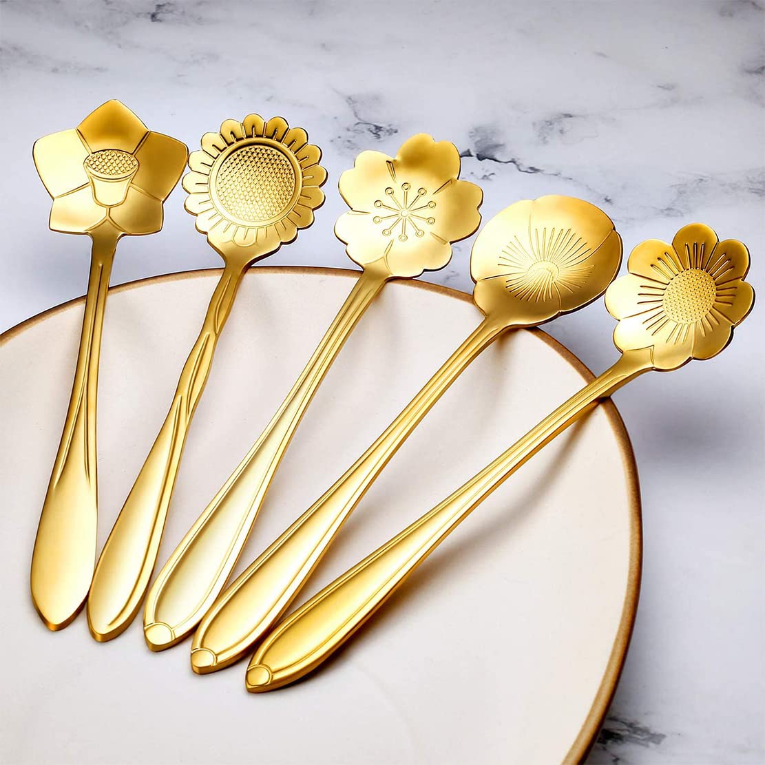 QNCIGER 5-Inch 8 Pcs Flower Spoon Coffee Teaspoon Set, Drink Stirring Spoon for Dessert, Coffee, Ice Cream, Tea (Gold)