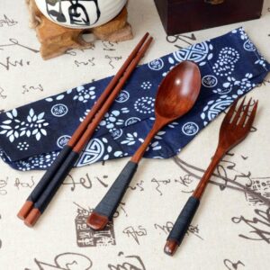 FORESTIME Japanese Wooden Chopsticks Spoon Fork Tableware 3pcs Set New Gift (1 Set, Brown)