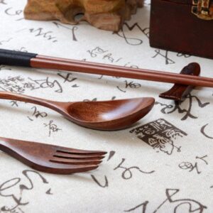 FORESTIME Japanese Wooden Chopsticks Spoon Fork Tableware 3pcs Set New Gift (1 Set, Brown)