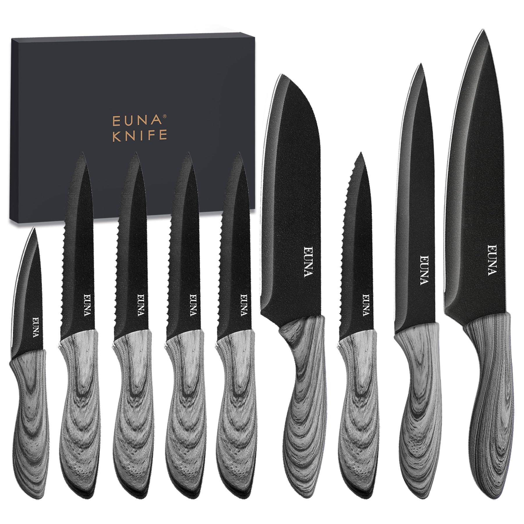 EUNA 9 Piece Kitchen Knife Set, Sharp Chef Knives Stainless Steel Cooking Knife Set (Included : 5 PCS Kitchen Knife Set and 4 PCS Steak Knife Set with 2 Gift boxs)