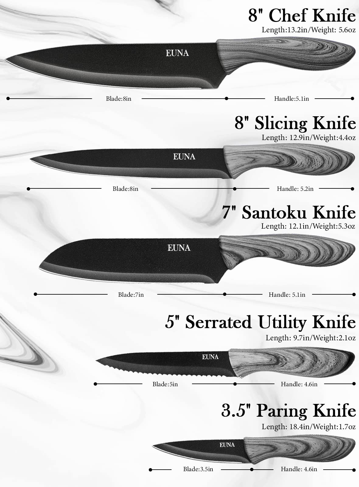 EUNA 9 Piece Kitchen Knife Set, Sharp Chef Knives Stainless Steel Cooking Knife Set (Included : 5 PCS Kitchen Knife Set and 4 PCS Steak Knife Set with 2 Gift boxs)