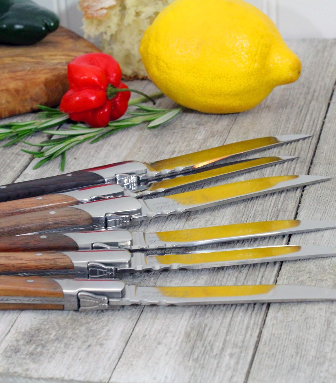 French Home Set of 6 Laguiole Connoisseur Assorted Wood Steak Knives, Multicolor