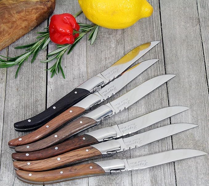 French Home Set of 6 Laguiole Connoisseur Assorted Wood Steak Knives, Multicolor