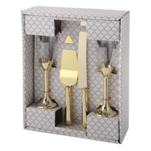 fashioncraft elegant glasses with cake knife and server 4 piece set, gold