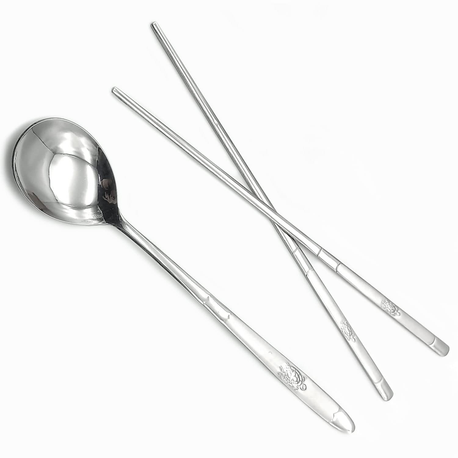 SUPIA Korean Traditional Cutlery Stainless Steel Spoons and Chopsticks Set Tableware with Long-hand, Reusable (Silver Turtle)