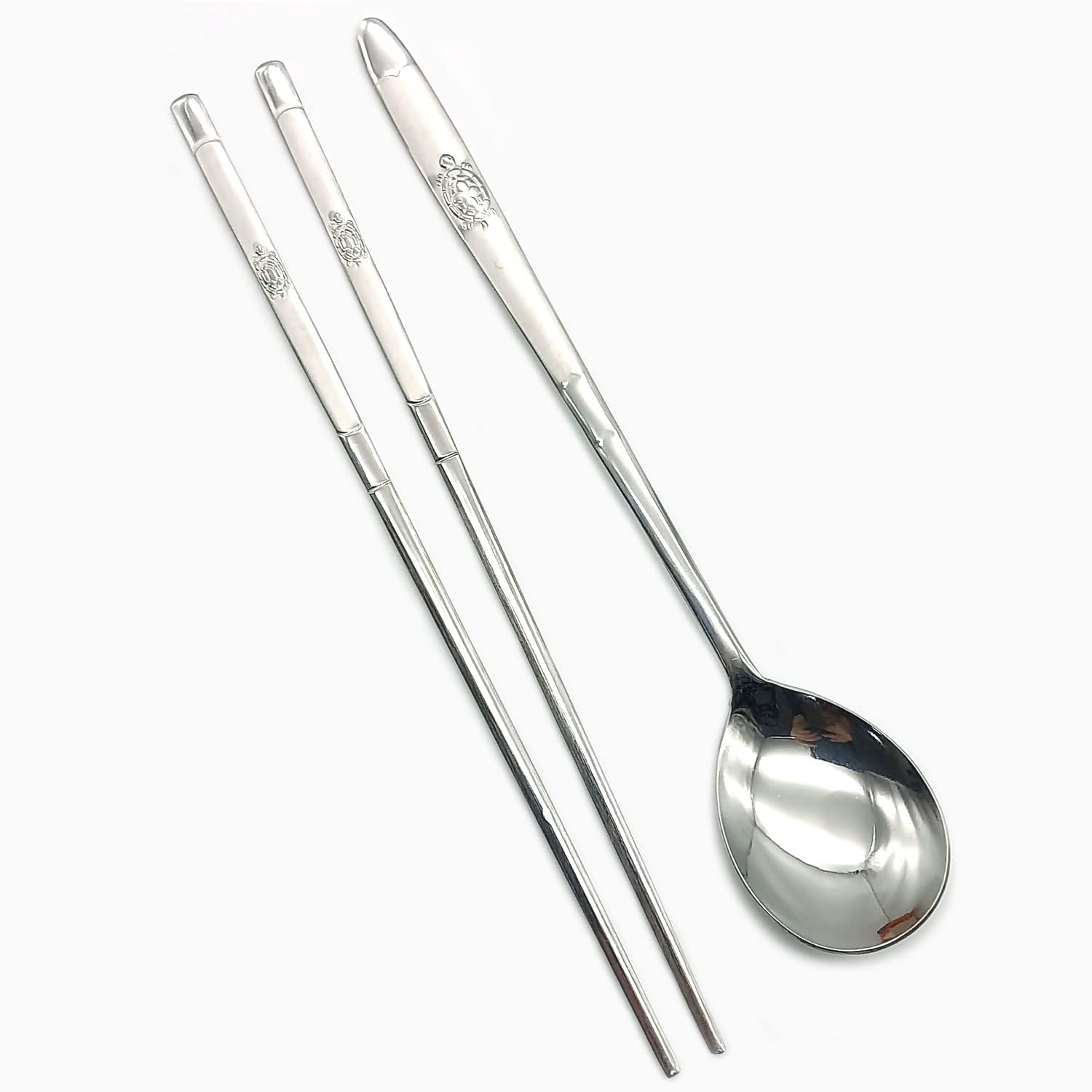 SUPIA Korean Traditional Cutlery Stainless Steel Spoons and Chopsticks Set Tableware with Long-hand, Reusable (Silver Turtle)