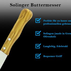 SMI - Bread Knife Solingen Butter Knife Olive Wood Handle Butter Spreader Table Knife with Wide Blade - Made in Germany - Not Dishwasher Safe