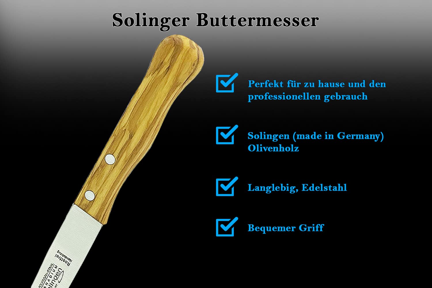 SMI - Bread Knife Solingen Butter Knife Olive Wood Handle Butter Spreader Table Knife with Wide Blade - Made in Germany - Not Dishwasher Safe