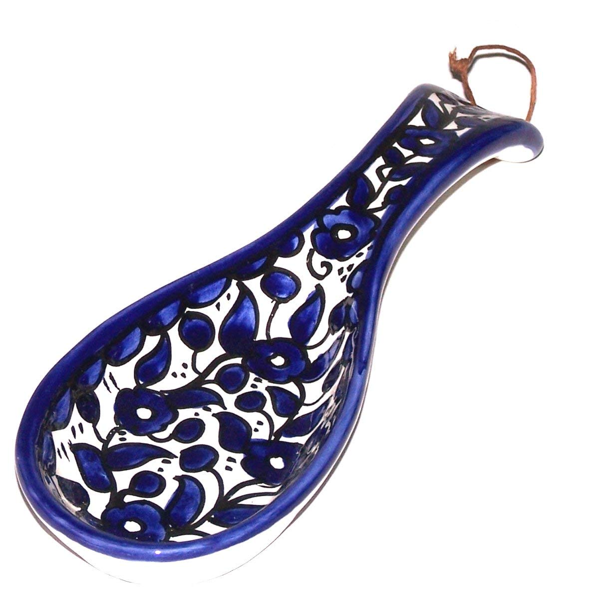 Armenian hand painted cooking Spoon Rest/Ladle Holder - Large with deep Round Cup part - Asfour Outlet Trademark (Blue Flowers 8.5 Inches)