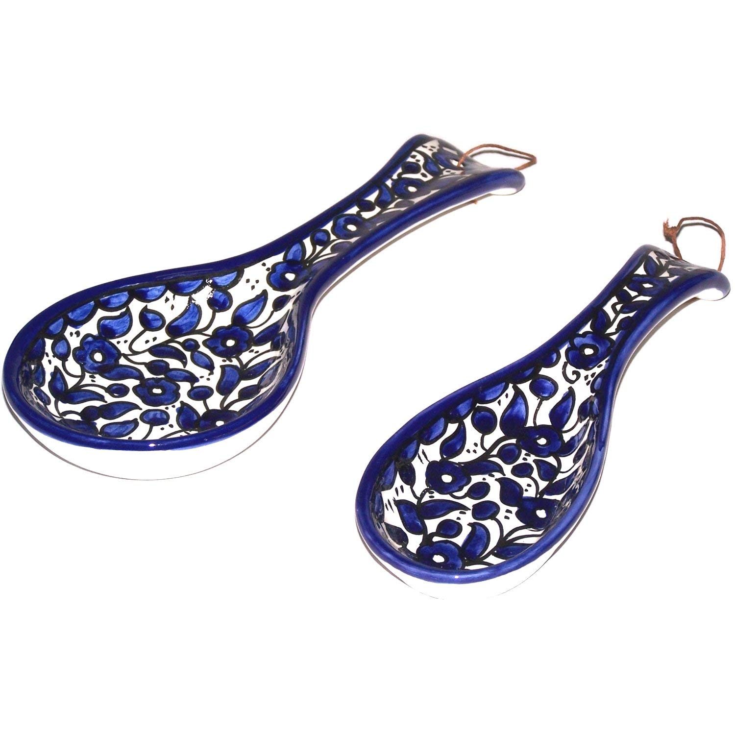 Armenian hand painted cooking Spoon Rest/Ladle Holder - Large with deep Round Cup part - Asfour Outlet Trademark (Blue Flowers 8.5 Inches)