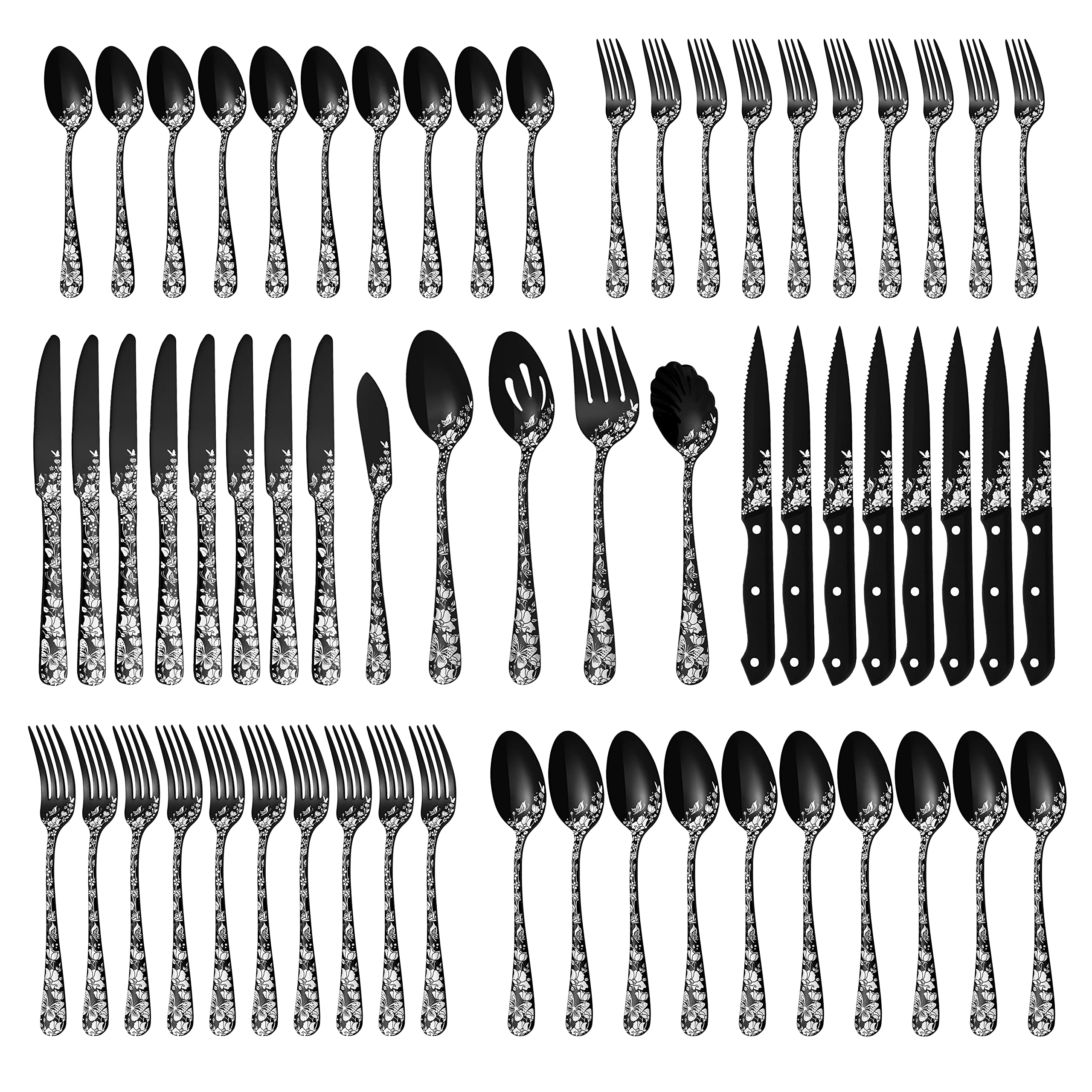 89-Piece Black Silverware Set, Plus Steak Knives & Serving Utensils, Stapava Stainless Steel Flatware Cutlery Set for 14, Mirror Eating Utensils Tableware, Butterfly Flower Design, Dishwasher Safe