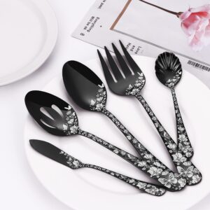 89-Piece Black Silverware Set, Plus Steak Knives & Serving Utensils, Stapava Stainless Steel Flatware Cutlery Set for 14, Mirror Eating Utensils Tableware, Butterfly Flower Design, Dishwasher Safe