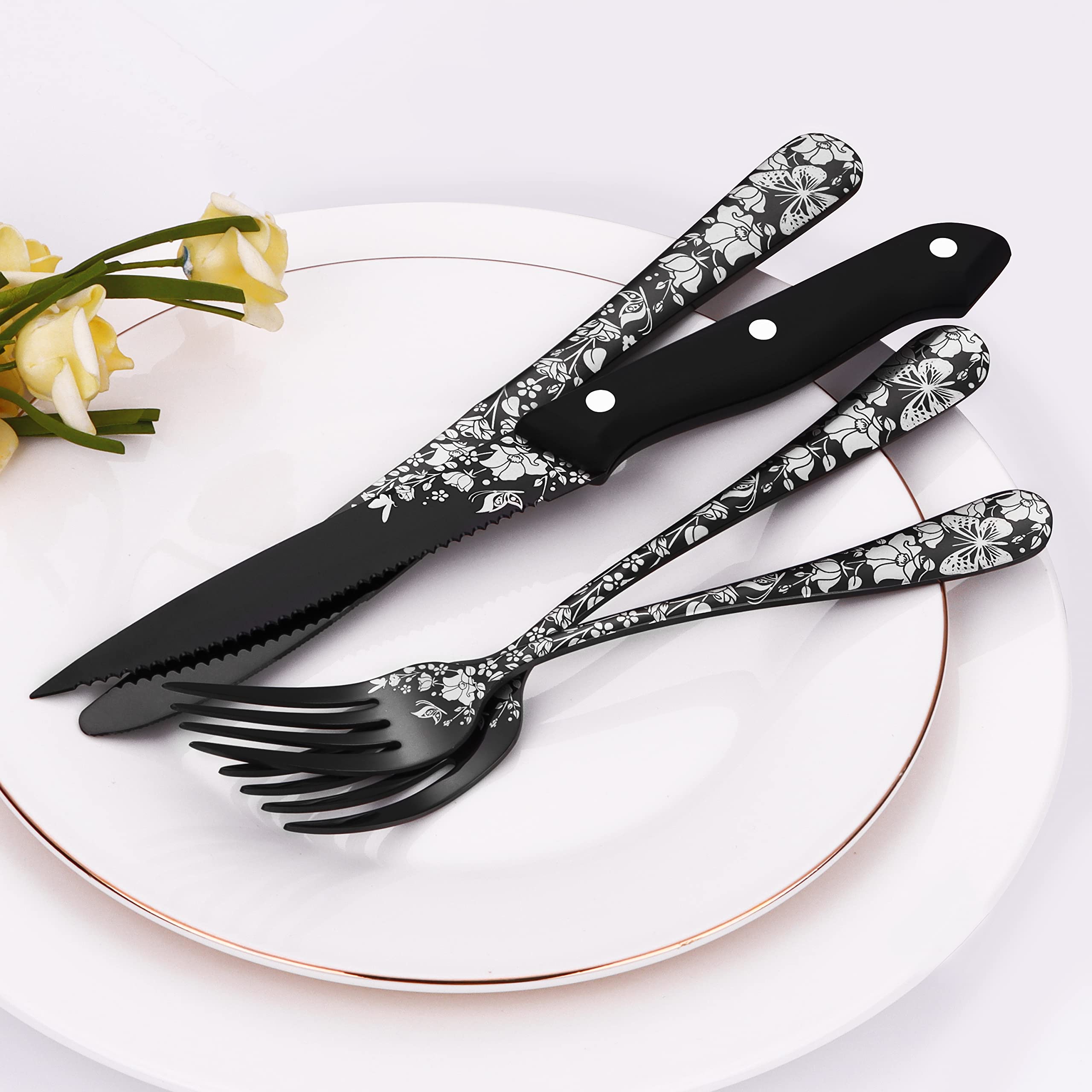 89-Piece Black Silverware Set, Plus Steak Knives & Serving Utensils, Stapava Stainless Steel Flatware Cutlery Set for 14, Mirror Eating Utensils Tableware, Butterfly Flower Design, Dishwasher Safe