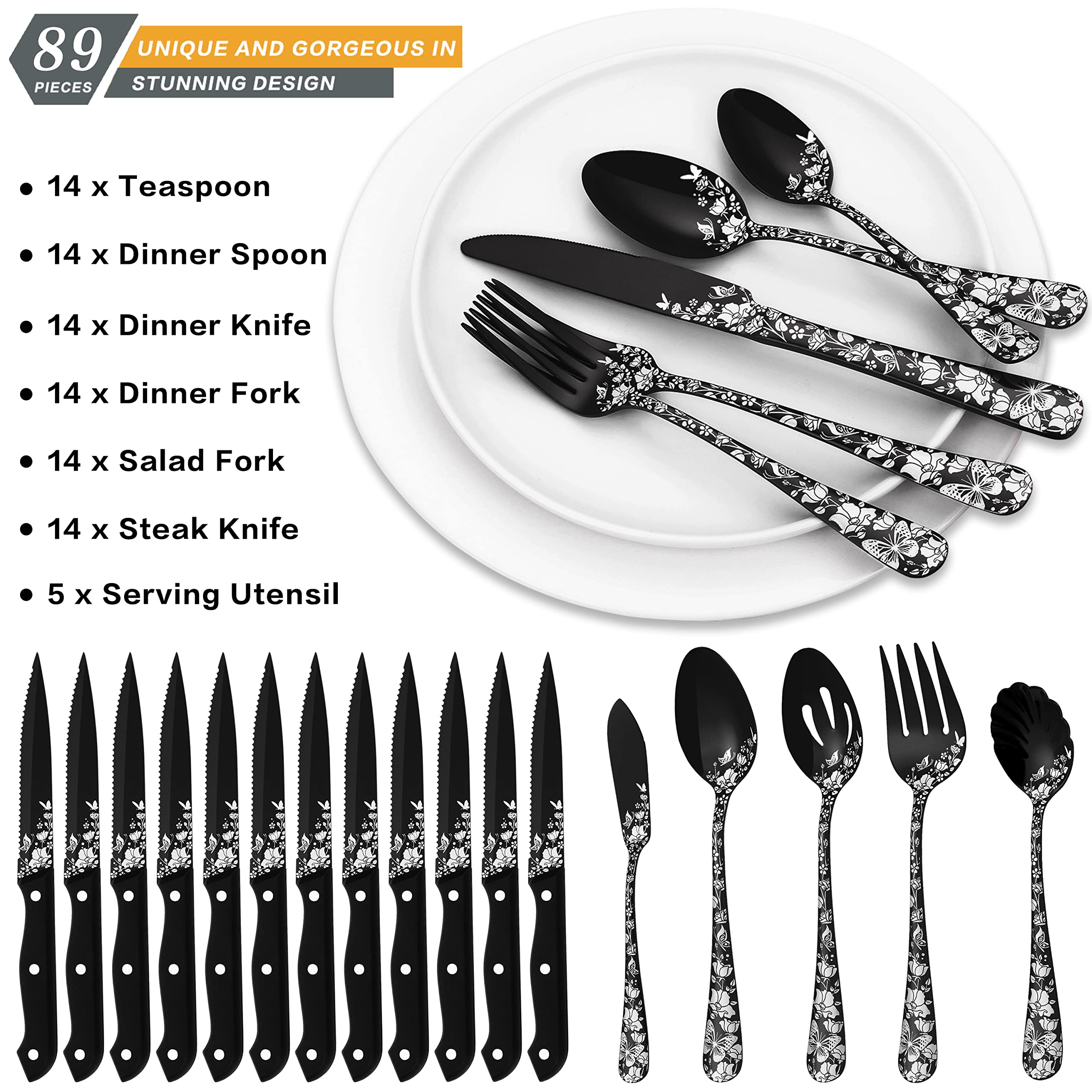 89-Piece Black Silverware Set, Plus Steak Knives & Serving Utensils, Stapava Stainless Steel Flatware Cutlery Set for 14, Mirror Eating Utensils Tableware, Butterfly Flower Design, Dishwasher Safe