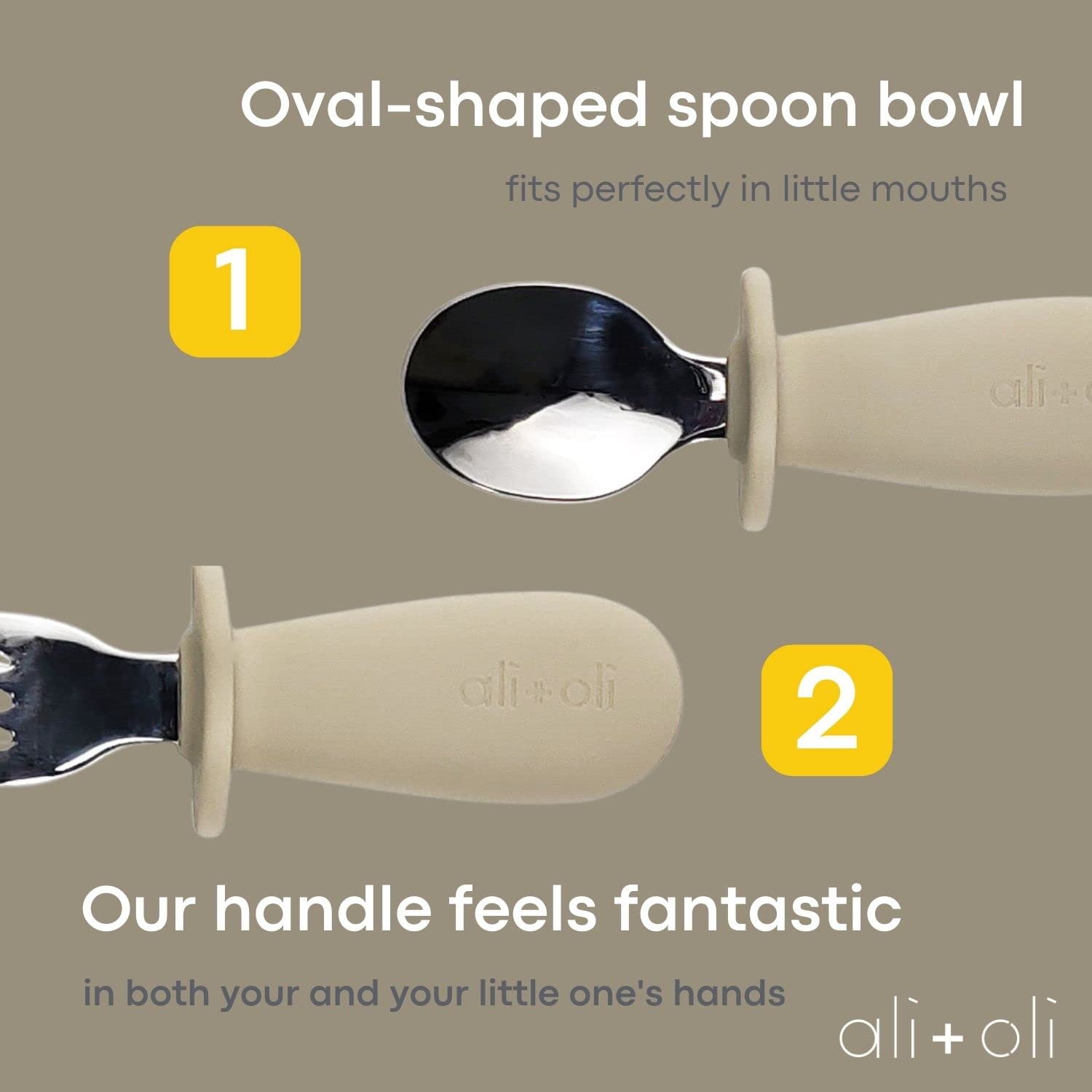 Ali+Oli Spoon & Fork Learning Set for Toddlers (Khaki) 6m+ Grab Easy BPA Free Food-Grade Silicone Handle, Kids Silverware Self Feeding Baby Utensils, Multi-stage Baby Feeding Set Ergonomic Design