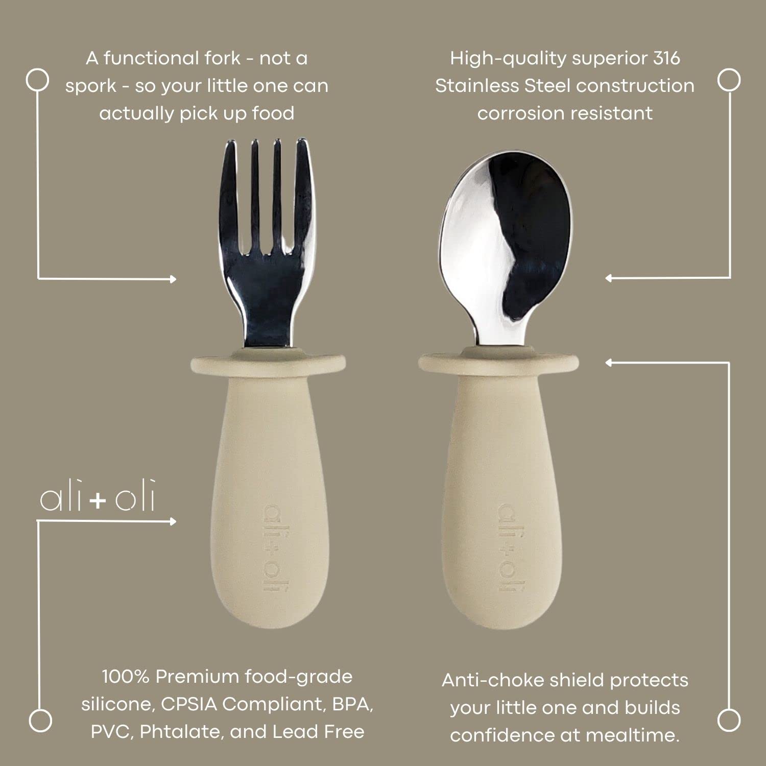 Ali+Oli Spoon & Fork Learning Set for Toddlers (Khaki) 6m+ Grab Easy BPA Free Food-Grade Silicone Handle, Kids Silverware Self Feeding Baby Utensils, Multi-stage Baby Feeding Set Ergonomic Design