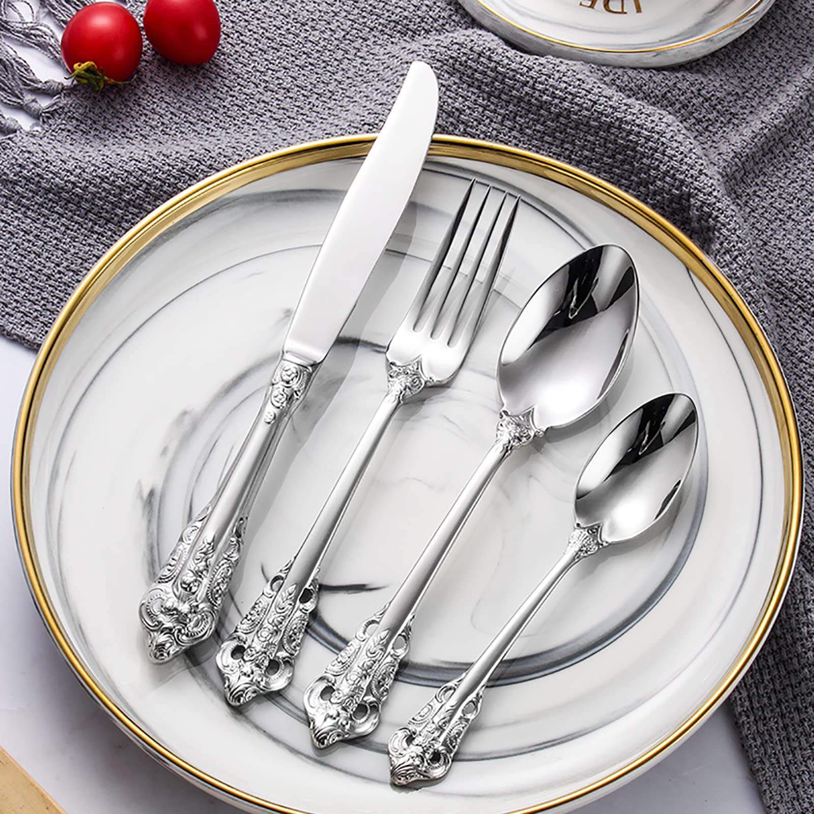 Silver Flatware Silverware Set for 6, Royal 18/10 Stainless Steel Tableware Cutlery Set Luxury Antique with 24 Pieces Dinnerware Set Restaurant Hotel Family Gatherings & Daily Use