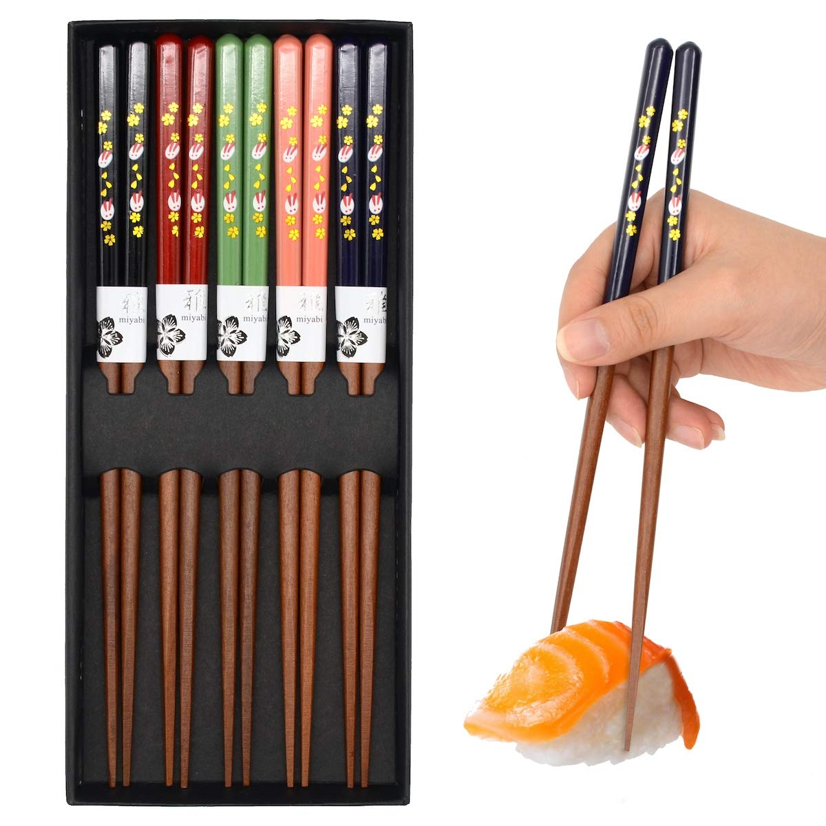 OMyTea 5 Pairs Chopsticks Reusable - Japanese Wooden Chopsticks Gift Sets, 9 Inch/23cm, for Sushi, Noodles, Rice, Camping, Travel (Sakura & Rabbits)