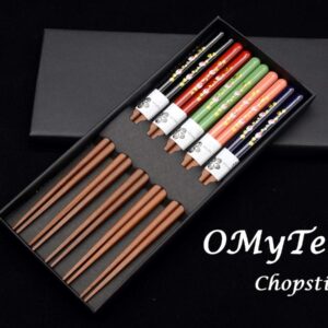 OMyTea 5 Pairs Chopsticks Reusable - Japanese Wooden Chopsticks Gift Sets, 9 Inch/23cm, for Sushi, Noodles, Rice, Camping, Travel (Sakura & Rabbits)