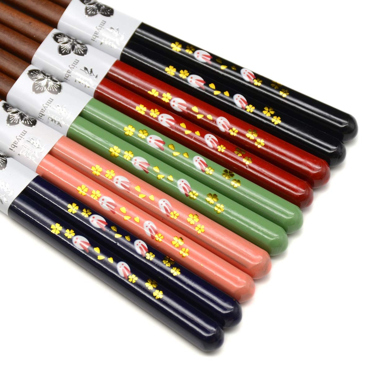 OMyTea 5 Pairs Chopsticks Reusable - Japanese Wooden Chopsticks Gift Sets, 9 Inch/23cm, for Sushi, Noodles, Rice, Camping, Travel (Sakura & Rabbits)