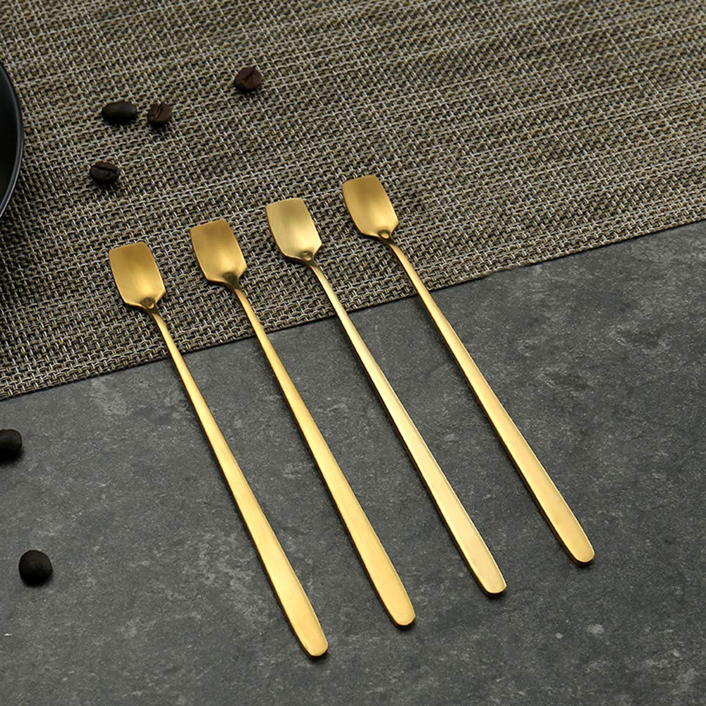 ACKLLR 8 Pack Gold Plated Stainless Steel Espresso Spoons and Long Handle Stirring Spoon, Mini Teaspoon Set for Coffee Sugar Dessert Cake Ice Cream Soup Antipasto Cappuccino Cocktail, 5.1/5.9 Inch