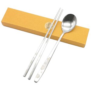 supia korean traditional cutlery stainless steel spoons and chopsticks set tableware with long-hand, reusable (silver flower)