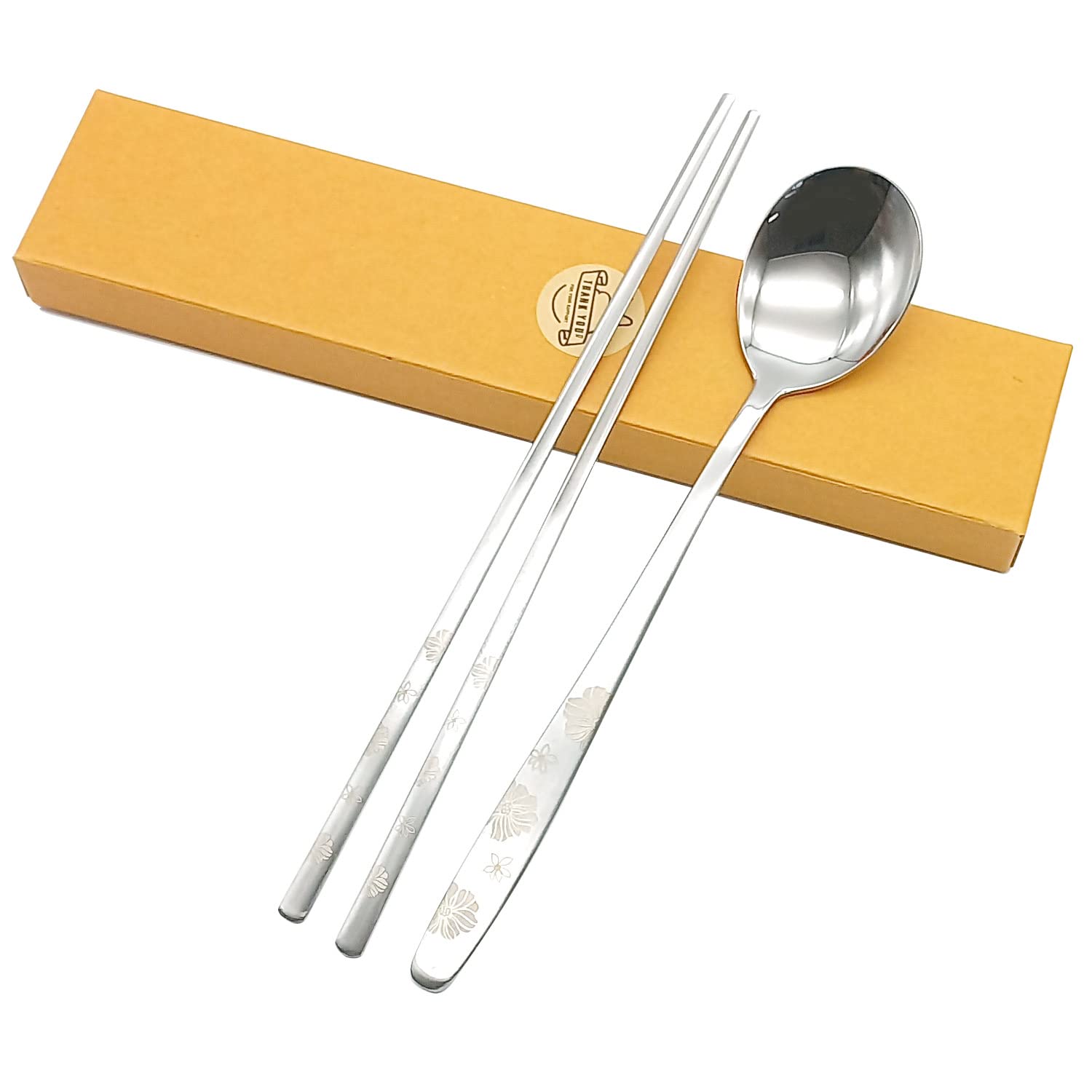 SUPIA Korean Traditional Cutlery Stainless Steel Spoons and Chopsticks Set Tableware with Long-hand, Reusable (Silver Flower)