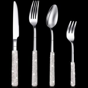 4 pcs bling silverware set wedding rhinestones stainless steel knife fork and spoon glitter travel cutlery flatware dinnerware utensils tableware sets for birthday bridal party gifts (silver)