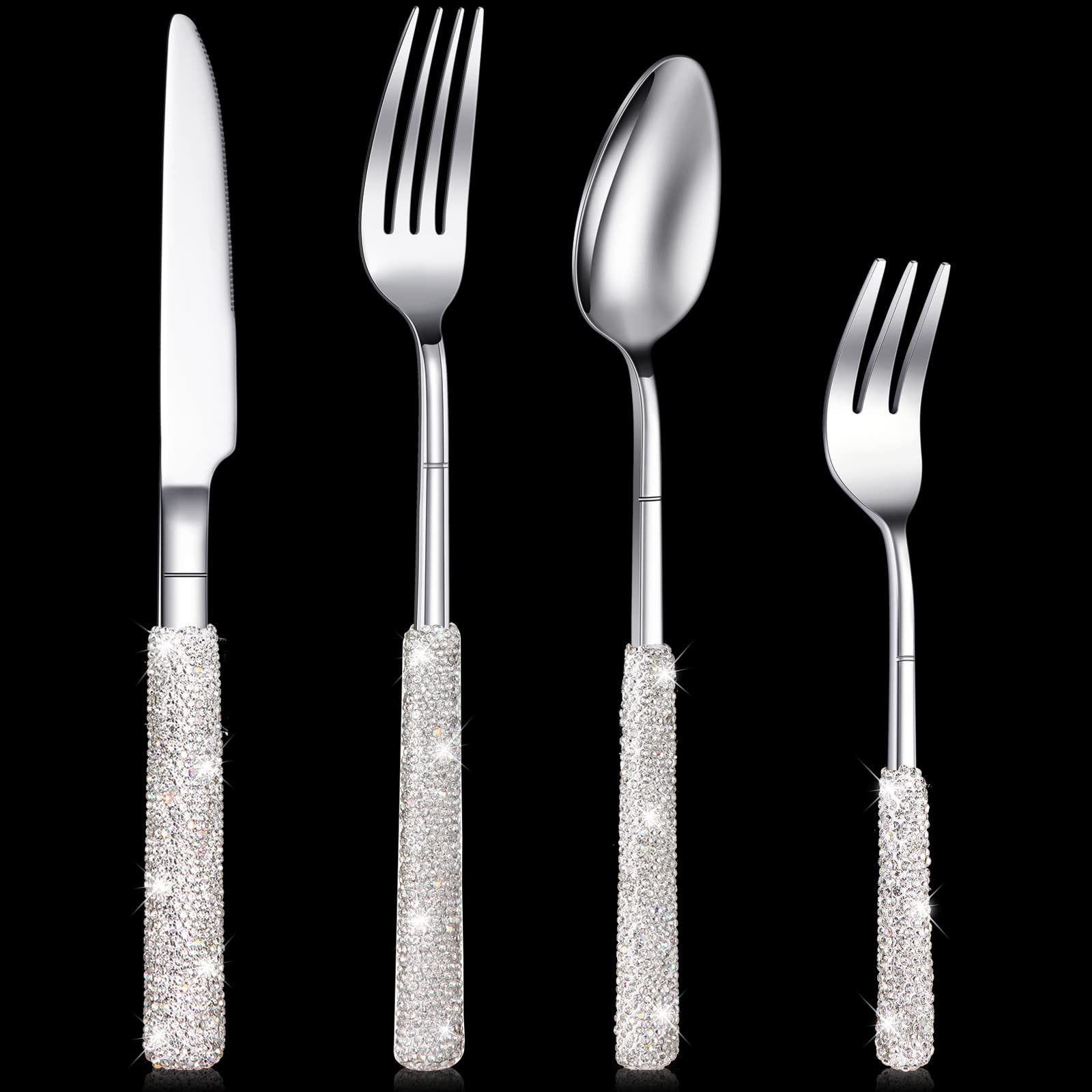 4 Pcs Bling Silverware Set Wedding Rhinestones Stainless Steel Knife Fork and Spoon Glitter Travel Cutlery Flatware Dinnerware Utensils Tableware Sets for Birthday Bridal Party Gifts (Silver)