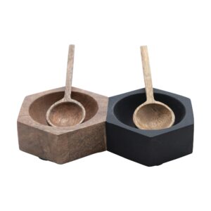 bloomingville mango wood hexagon salt and pepper bowl cellar black & natural serveware, 6"