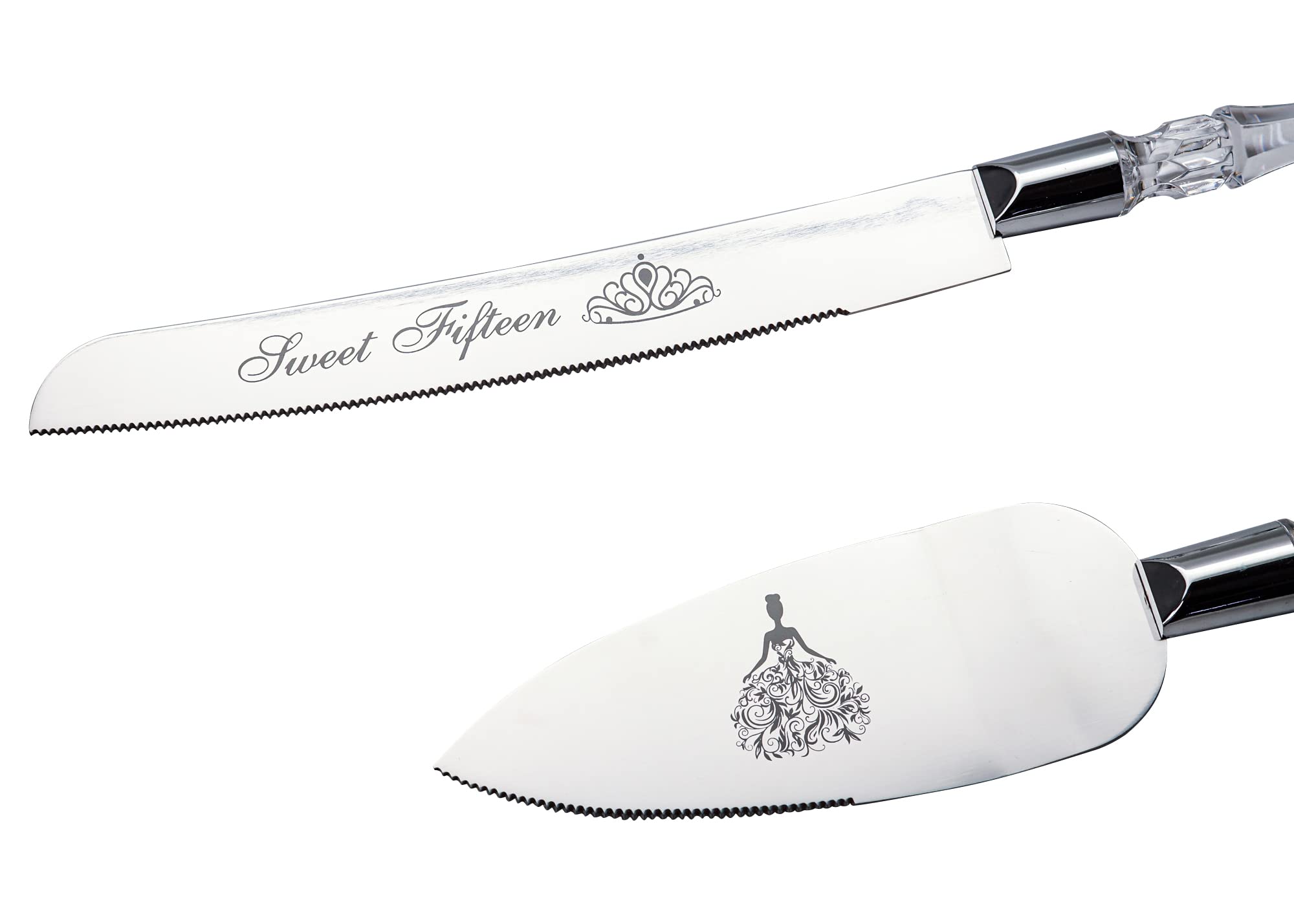 Lassos Boutique Sweet Fifteen 15 Quinceanera Cake Serving and Knife Set, Mis Quince Años Birthday Cake Cutting Set, Feliz 15 Anos Decoration, Acrylic Handle, Stainless Steel, Silver