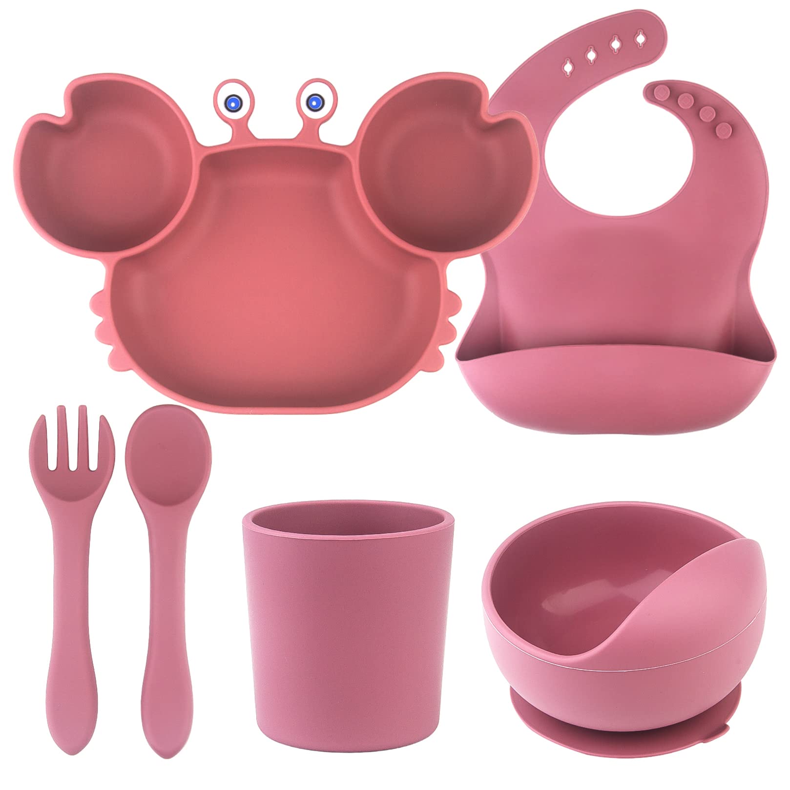 Baby Weaning Set - Suction Baby Plate and Bowl with Fork Spoon, Toddler Cup, Silicone Adjustable Bibs for Toddler Self Feeding, BPA Free Dishwasher and Microwave Safe