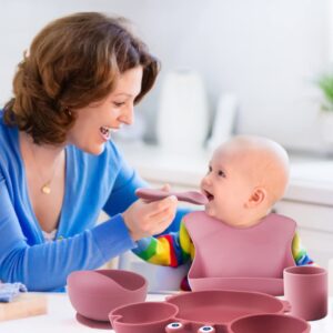 Baby Weaning Set - Suction Baby Plate and Bowl with Fork Spoon, Toddler Cup, Silicone Adjustable Bibs for Toddler Self Feeding, BPA Free Dishwasher and Microwave Safe