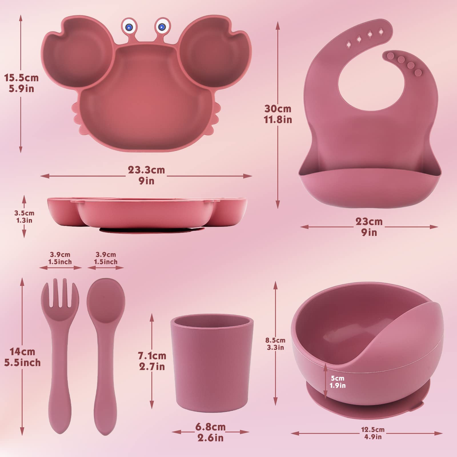 Baby Weaning Set - Suction Baby Plate and Bowl with Fork Spoon, Toddler Cup, Silicone Adjustable Bibs for Toddler Self Feeding, BPA Free Dishwasher and Microwave Safe