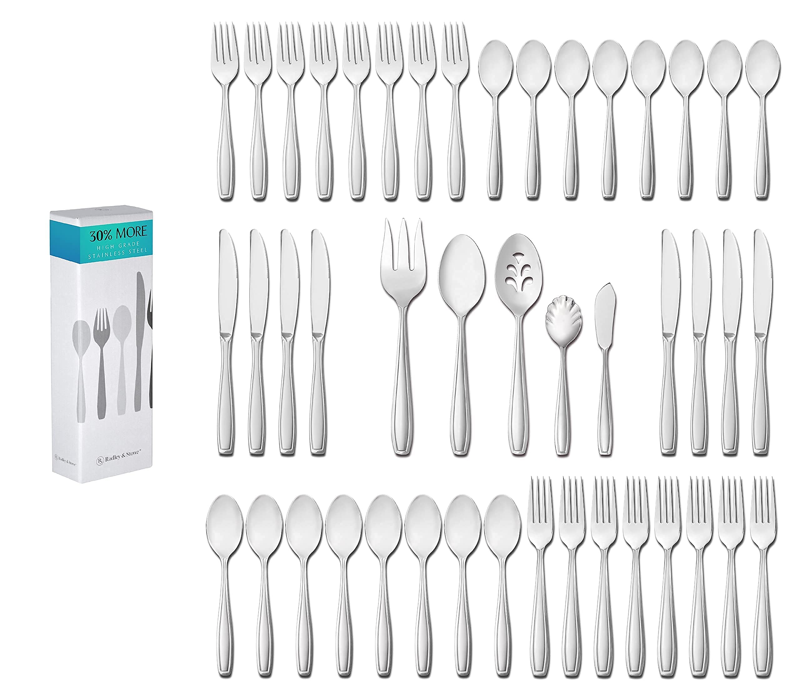 Radley & Stowe 60-Piece Flatware Durable Stainless Steel Silverware + 5-Piece Serving Set Bundle (Service for 12)