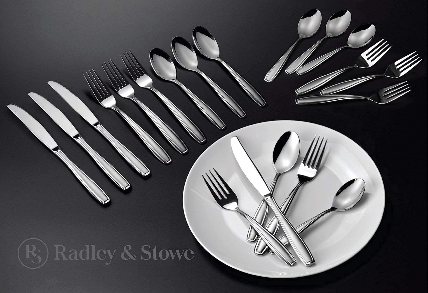 Radley & Stowe 60-Piece Flatware Durable Stainless Steel Silverware + 5-Piece Serving Set Bundle (Service for 12)