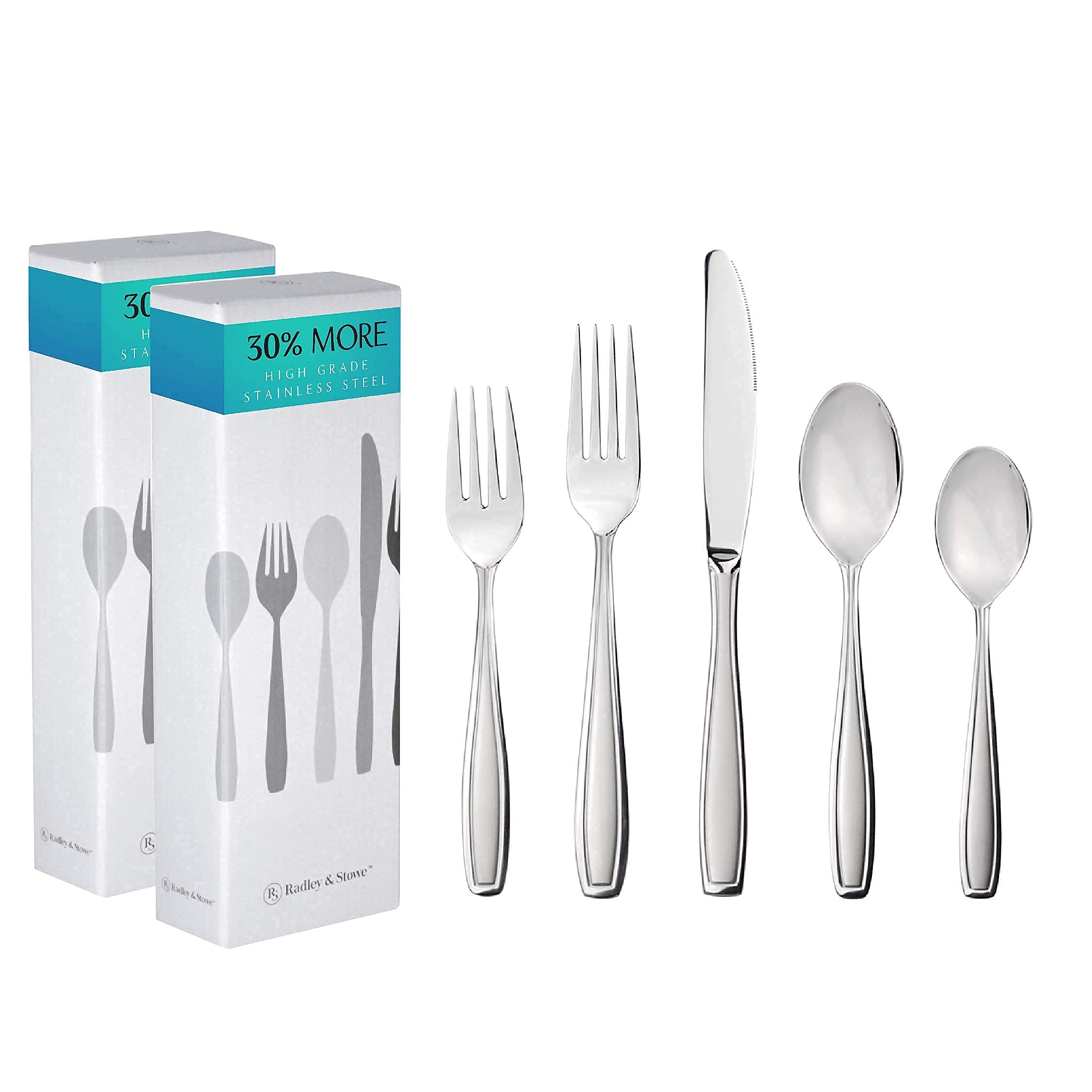 Radley & Stowe 60-Piece Flatware Durable Stainless Steel Silverware + 5-Piece Serving Set Bundle (Service for 12)