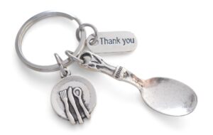 lunch server spoon, plate, and thank you charm keychain, school lunch serving staff appreciation gift