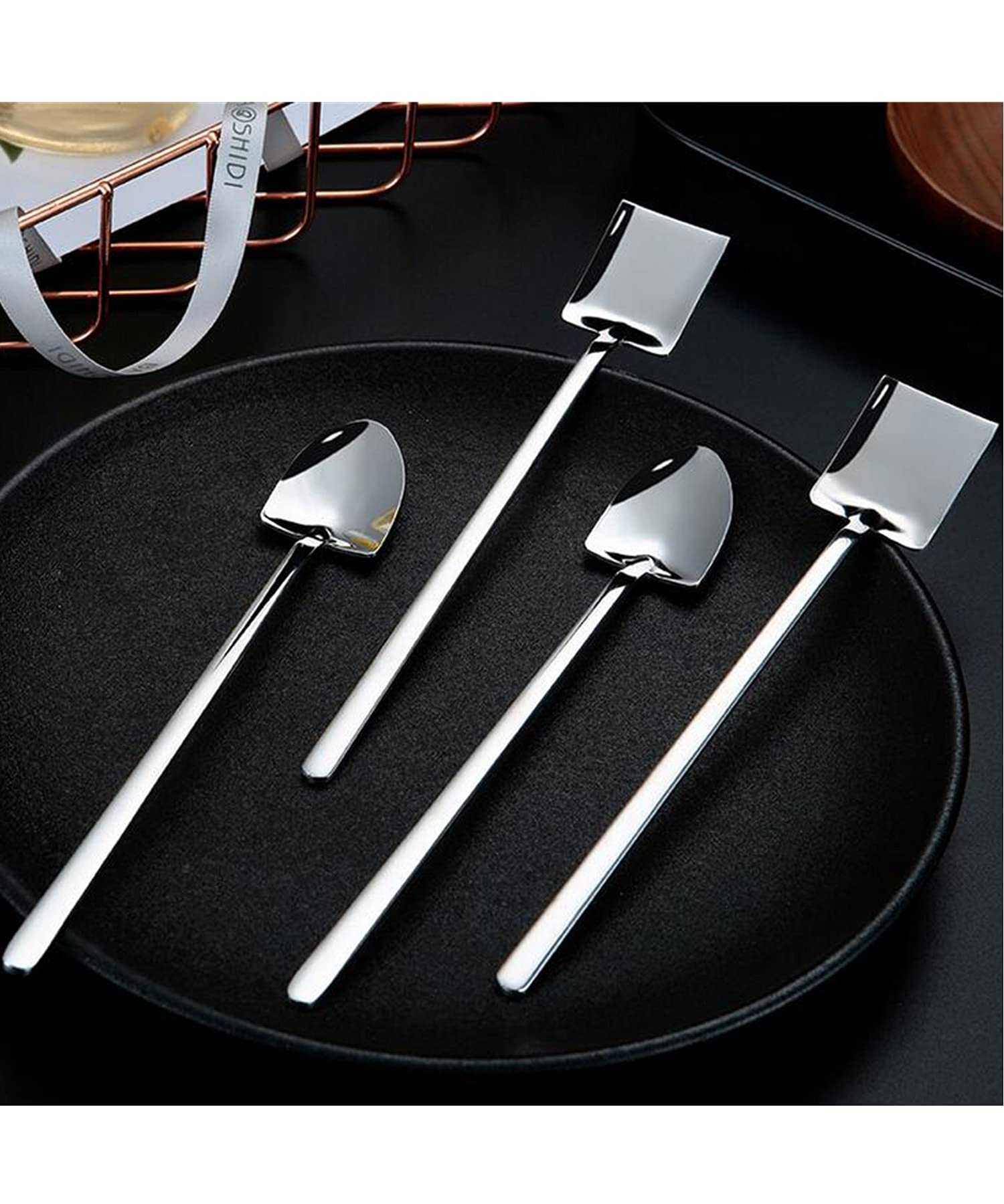 Fruit Dessert Shovel Spoons Set 4PCS, 6.8 inch Stainless Steel Mixed Dinner Teaspoon Spoons for Dessert Coffee Tea Ice Cream Fruit Cake for Home Kitchen Restaurant