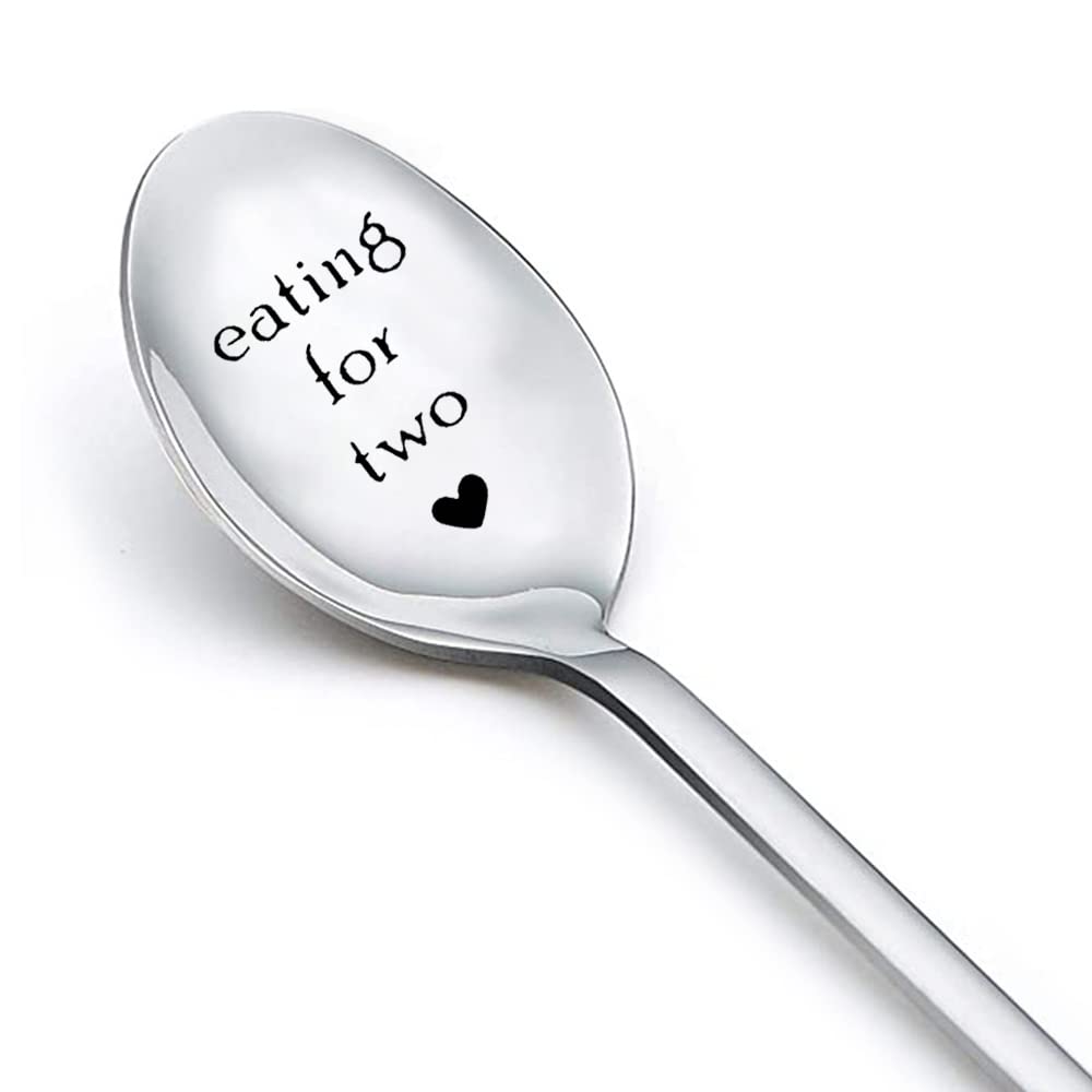 Mothers Day Birthday Gifts Spoon for New Pregnant Mom Mama Gifts for Women After Birth, Daughter Sister BFF Pregnancy Gifts for Wife Girlfriend, Eating for Two Cute Engraved Serving Spoons