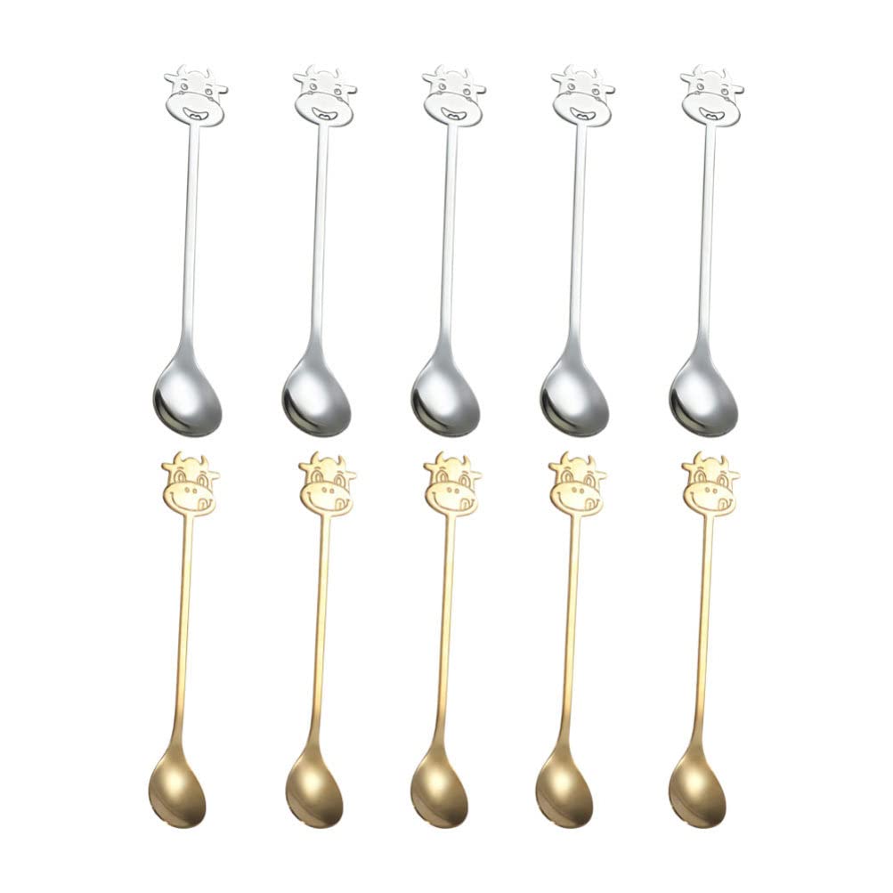 DOITOOL 10Pcs Dessert Spoons Stainless Steel Stirring Spoons Cute Cow Shape Coffee Spoons Milkshake Cake Spoon Silverware Golden Spoons