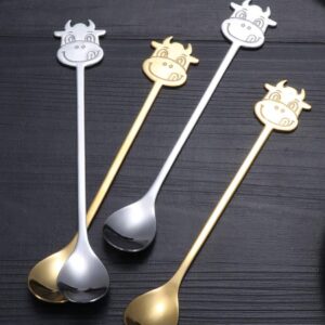 DOITOOL 10Pcs Dessert Spoons Stainless Steel Stirring Spoons Cute Cow Shape Coffee Spoons Milkshake Cake Spoon Silverware Golden Spoons