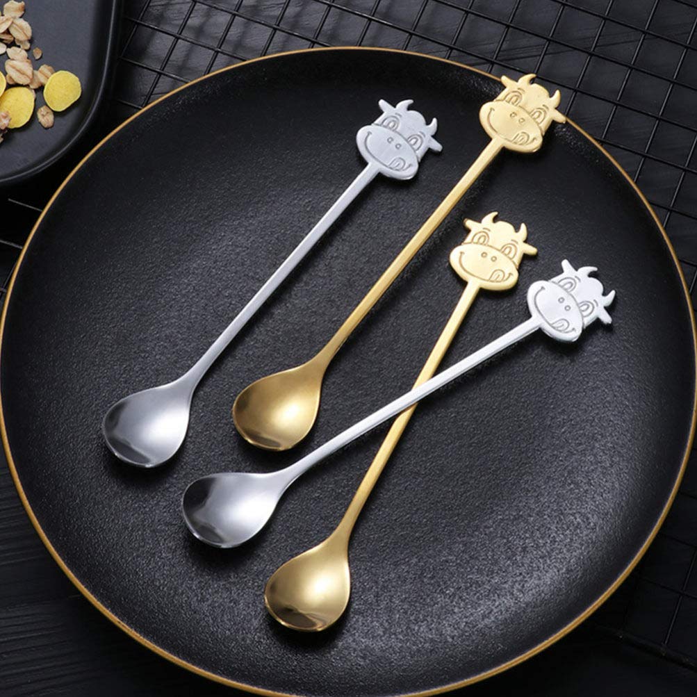 DOITOOL 10Pcs Dessert Spoons Stainless Steel Stirring Spoons Cute Cow Shape Coffee Spoons Milkshake Cake Spoon Silverware Golden Spoons