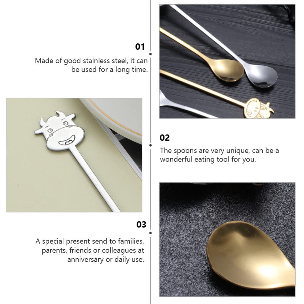 DOITOOL 10Pcs Dessert Spoons Stainless Steel Stirring Spoons Cute Cow Shape Coffee Spoons Milkshake Cake Spoon Silverware Golden Spoons