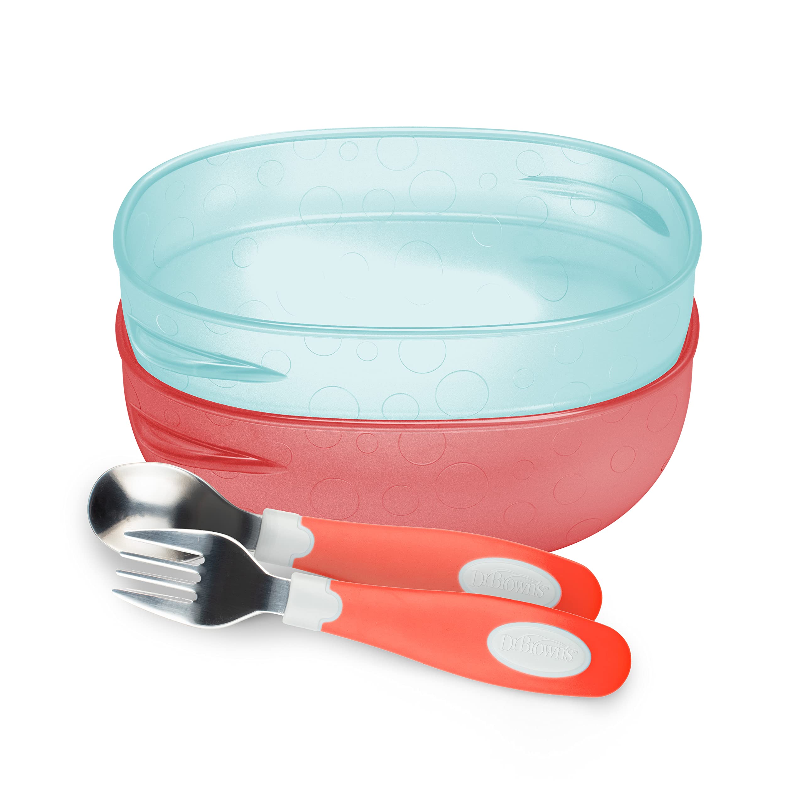 Dr. Brown’s Designed to Nourish Soft-Grip Spoon and Fork Set, Coral and Scoop-A-Bowl, Baby and Toddler Food and Cereal Bowl, BPA Free - 2-Pack