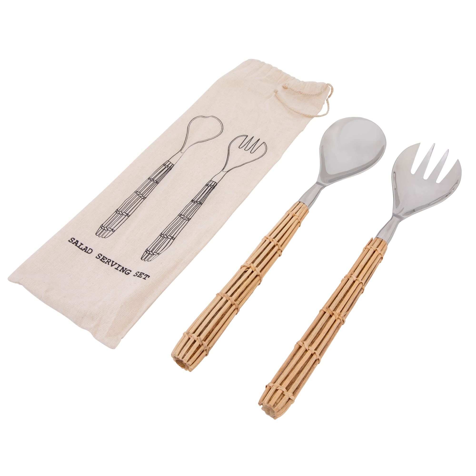 Creative Co-Op Stainless Steel Rattan Wrapped Handles, Set of 2 Styles Salad Servers, Natural