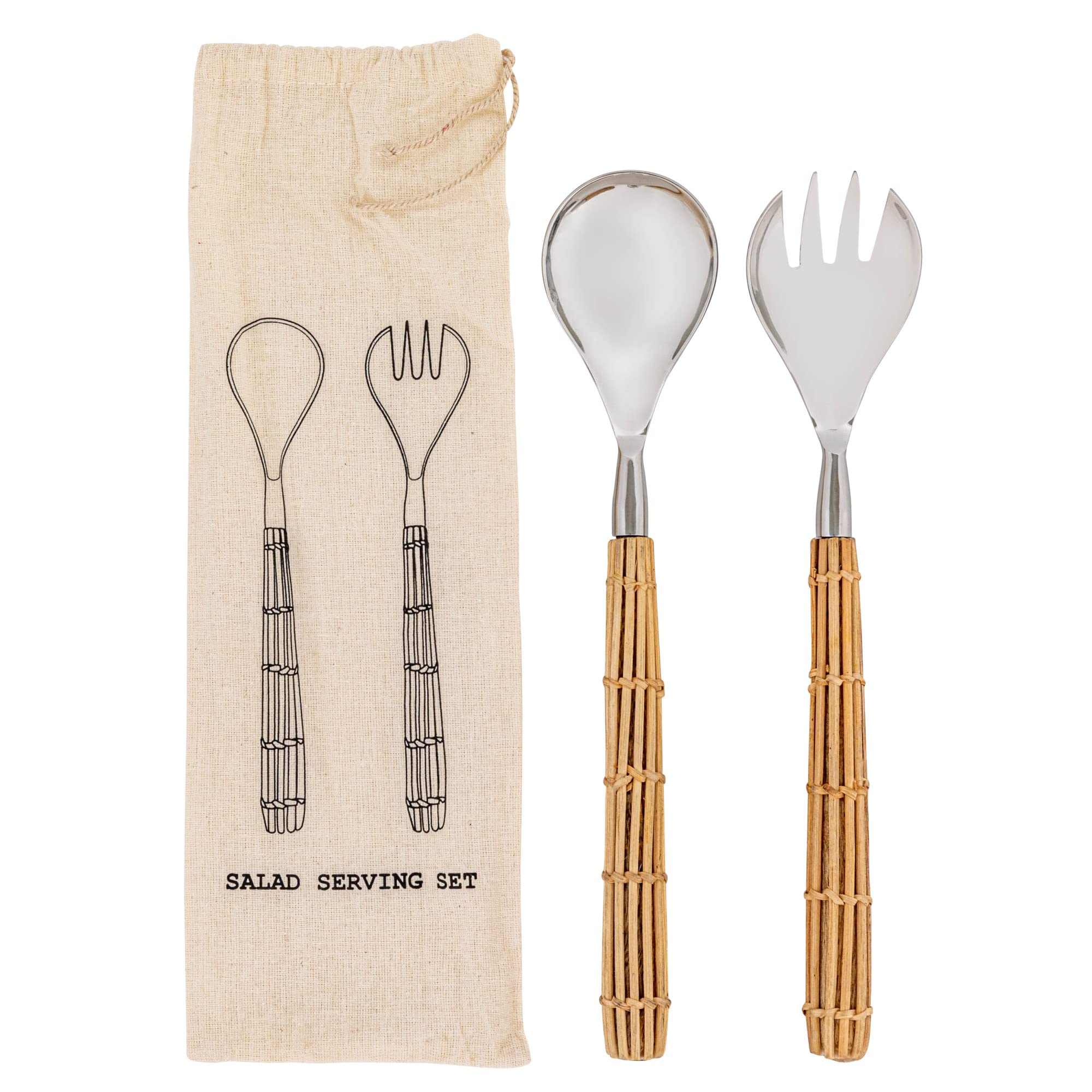 Creative Co-Op Stainless Steel Rattan Wrapped Handles, Set of 2 Styles Salad Servers, Natural