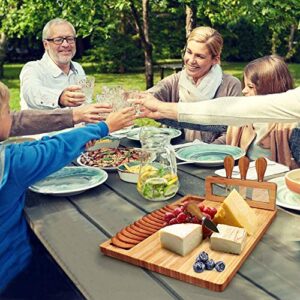 Bamboo Cheese Board Meat Charcuterie Platter Serving Tray W/ 4 Tableware Stainless Steel Knife, Home Kitchen Food Server Plate Cutter Cutlery Tool, Entertain Family Friend Guest as a Gift (14''x11'')