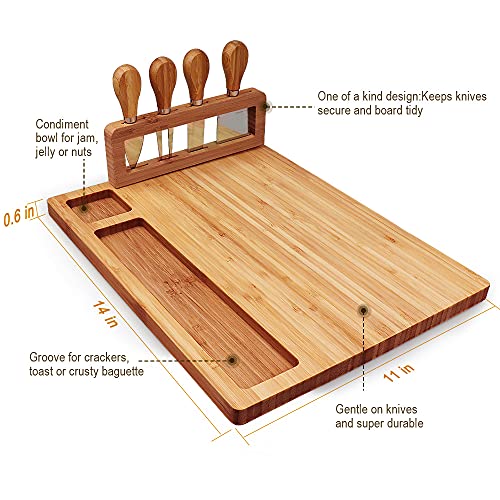 Bamboo Cheese Board Meat Charcuterie Platter Serving Tray W/ 4 Tableware Stainless Steel Knife, Home Kitchen Food Server Plate Cutter Cutlery Tool, Entertain Family Friend Guest as a Gift (14''x11'')