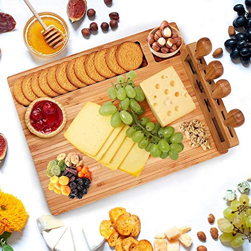 Bamboo Cheese Board Meat Charcuterie Platter Serving Tray W/ 4 Tableware Stainless Steel Knife, Home Kitchen Food Server Plate Cutter Cutlery Tool, Entertain Family Friend Guest as a Gift (14''x11'')